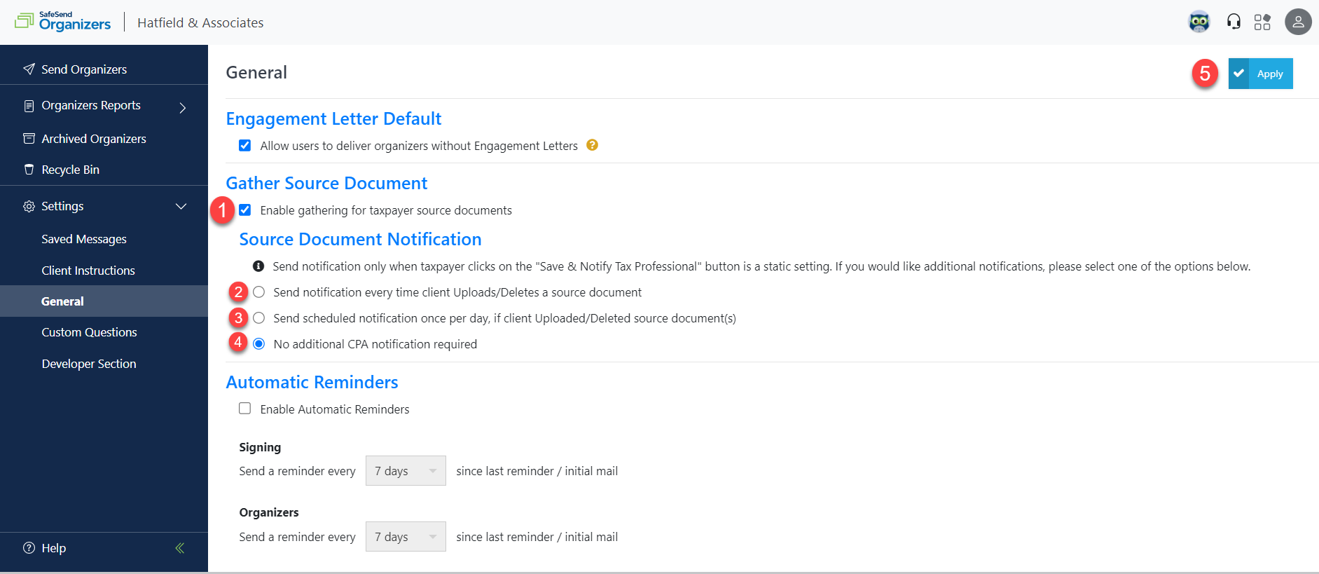 Settings: General – SafeSend Organizers