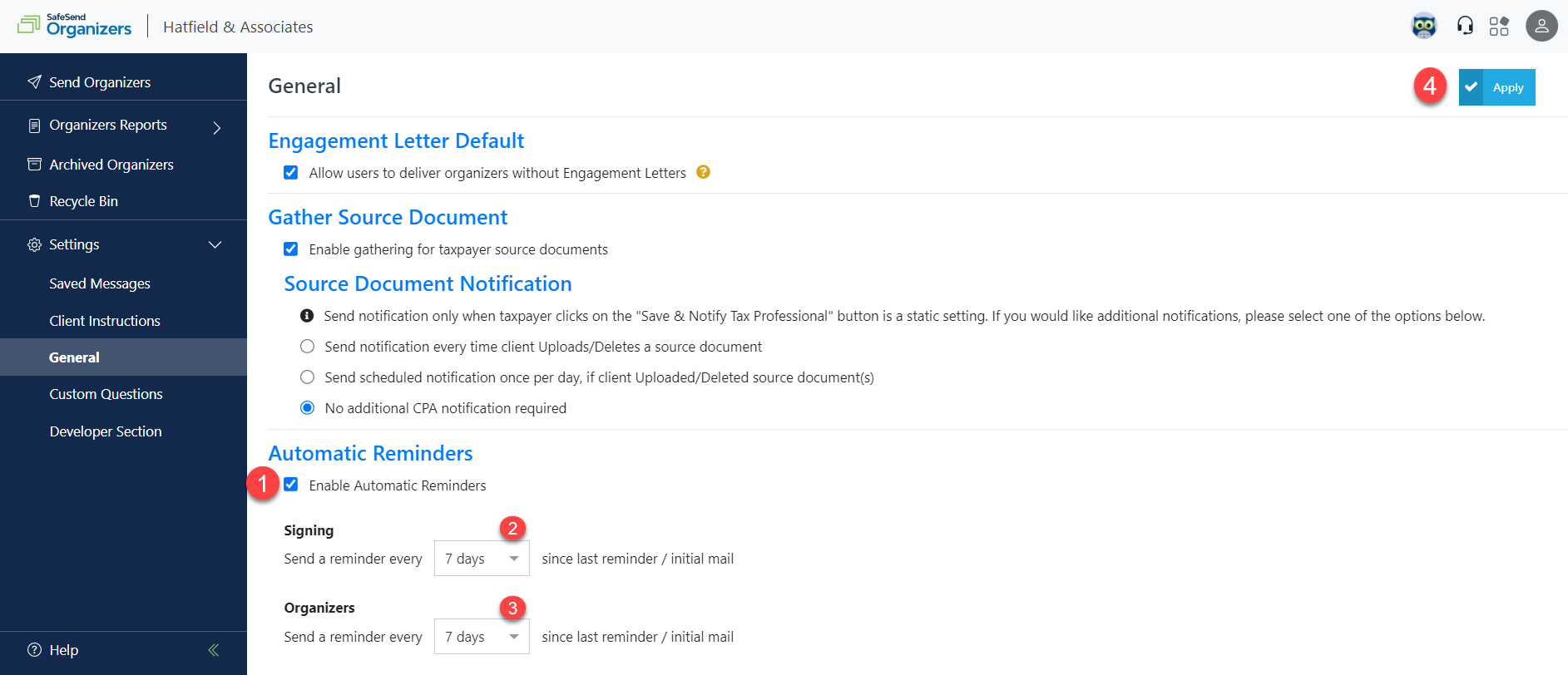 Settings: General – SafeSend Organizers