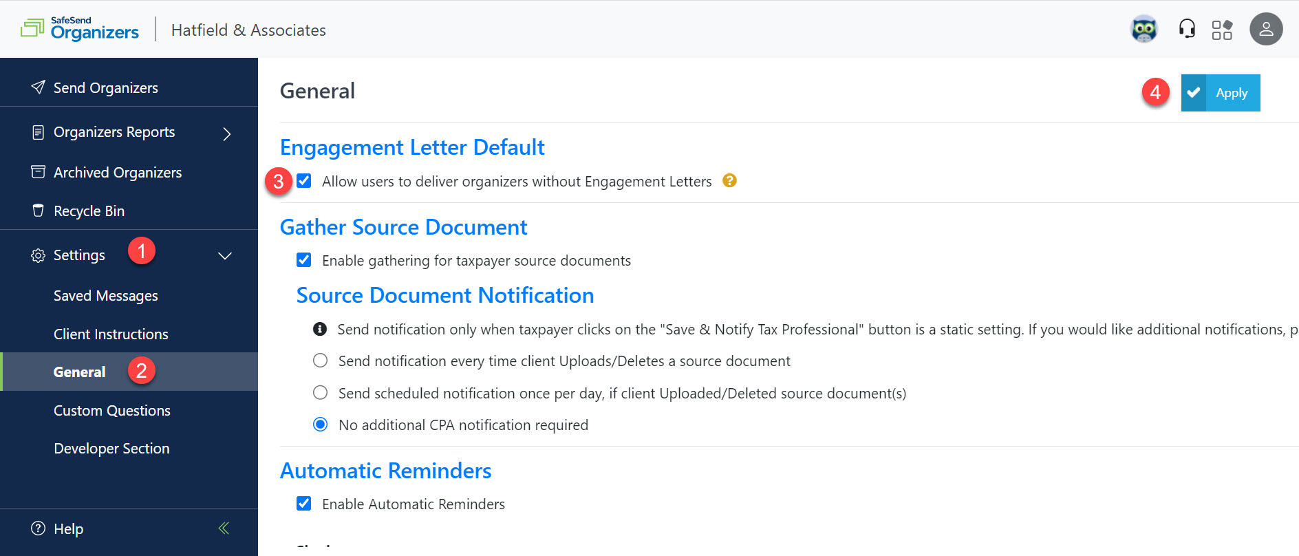 Settings: General – SafeSend Organizers
