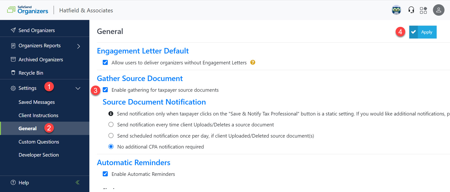 Settings: General – SafeSend Organizers